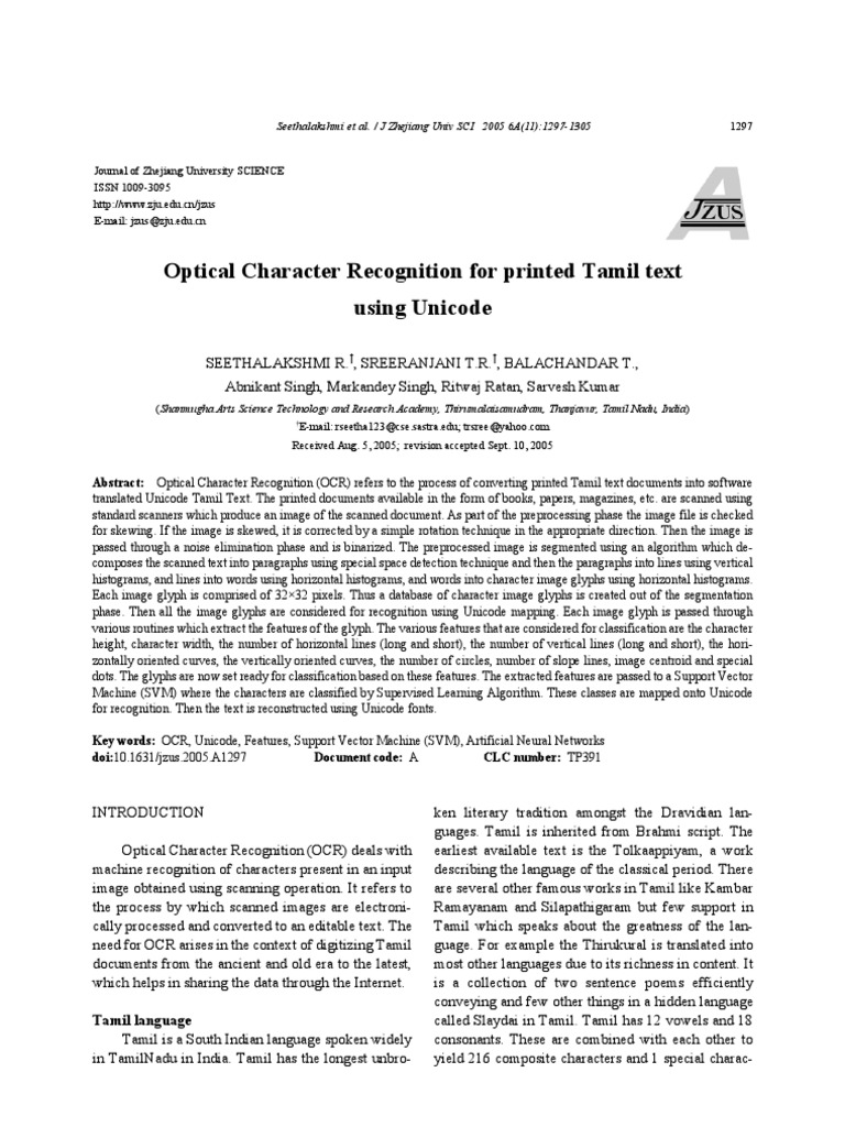 Tamil OCR Using Unicode Mapping | PDF | Support Vector Machine ...