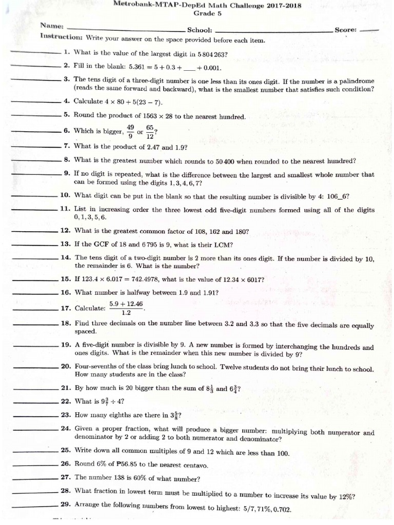2018 Mtap Elimination Round Grade 5 Questions With Answer Key PDF | PDF