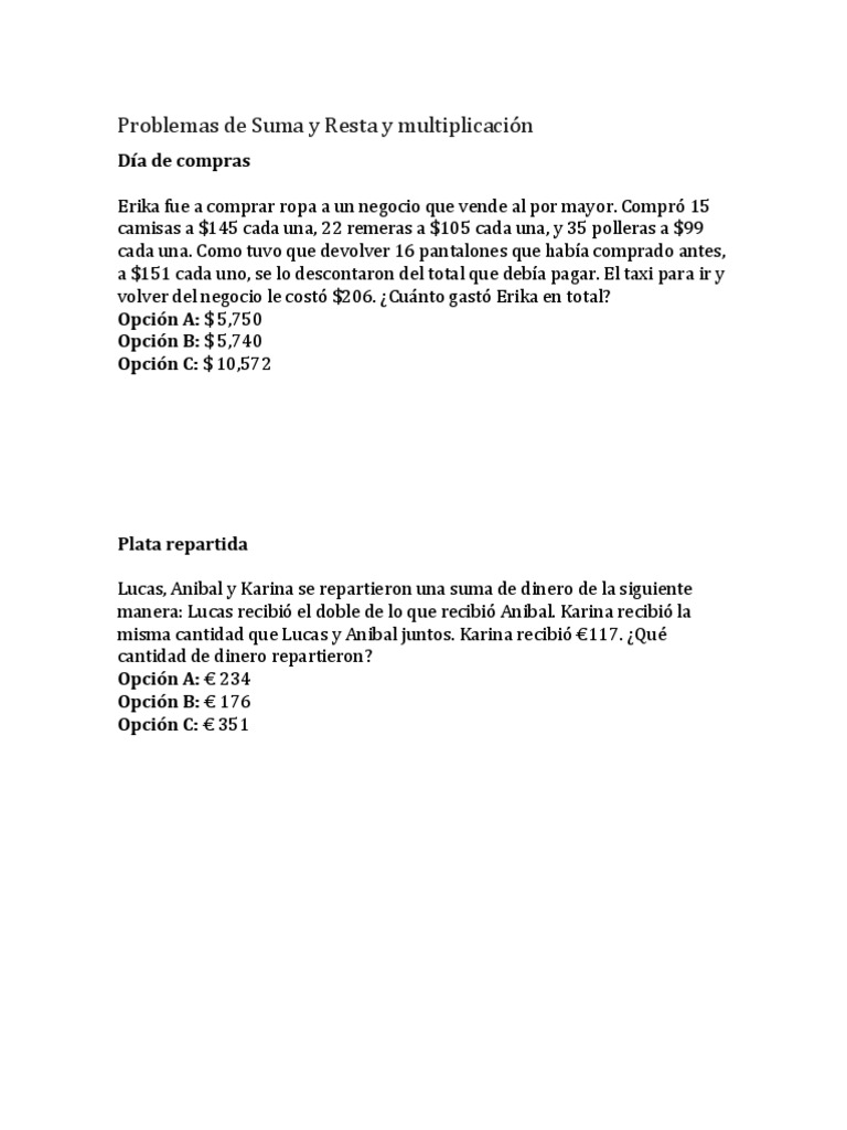 Problemas de Suma y Resta y Multiplicación | PDF
