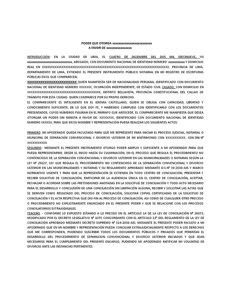 Poder Notarial para Divorcio y Conciliación | PDF | Ley procesal | Judicaturas