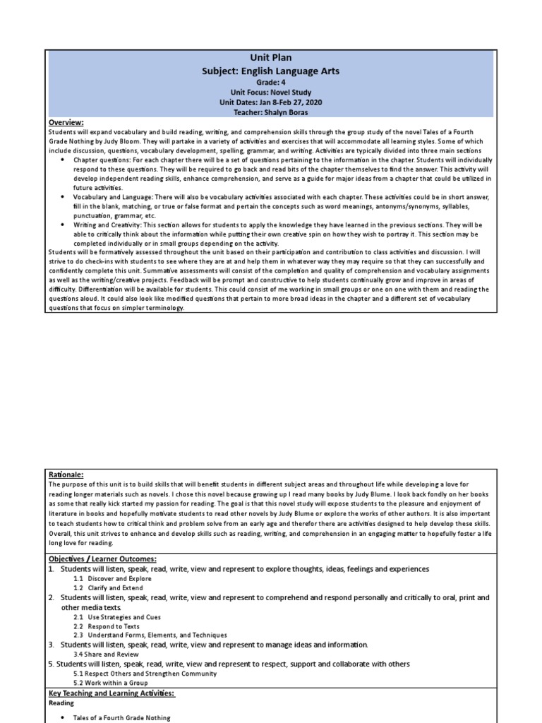 Tales of A Fourth Grade Nothing Unit Plan | PDF | Reading Comprehension ...