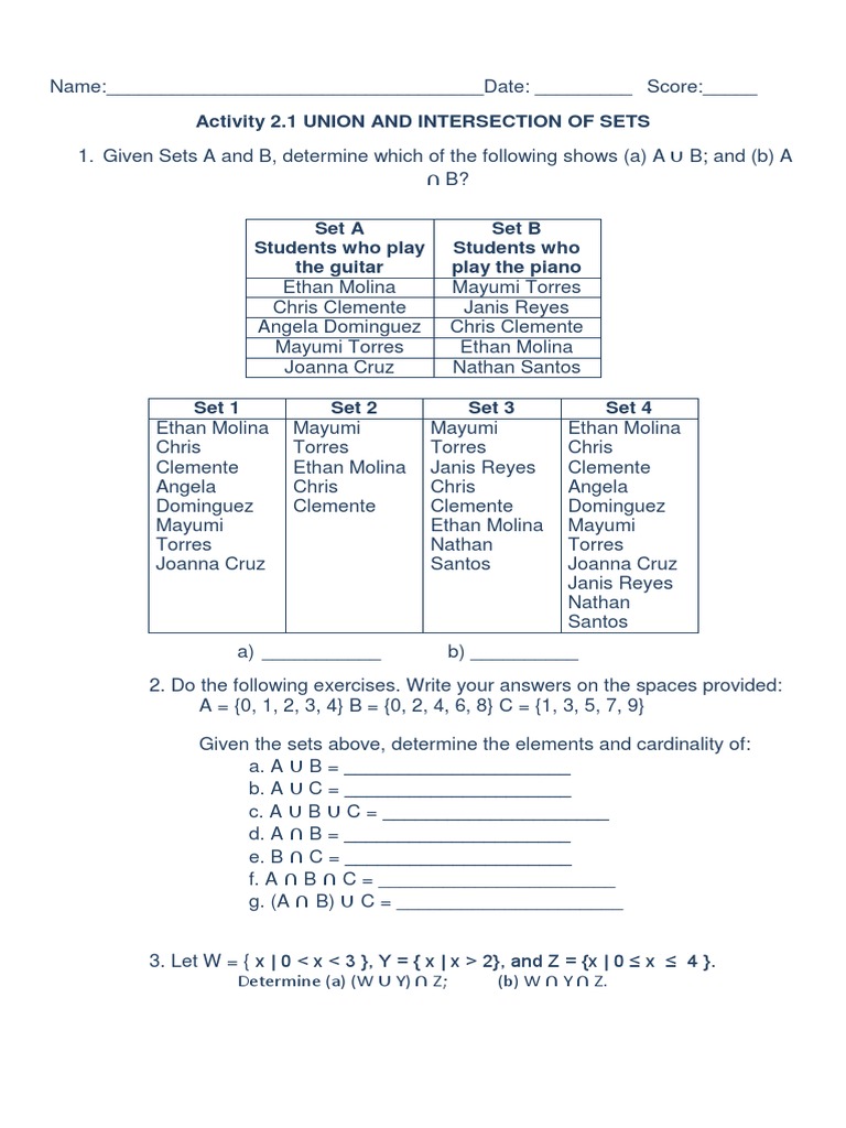 Union and Intersection of Sets Worksheet | PDF