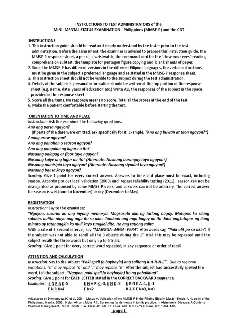 INSTRUCTIONS For The ADMINISTRATION of The MMSE-P and The CD ...