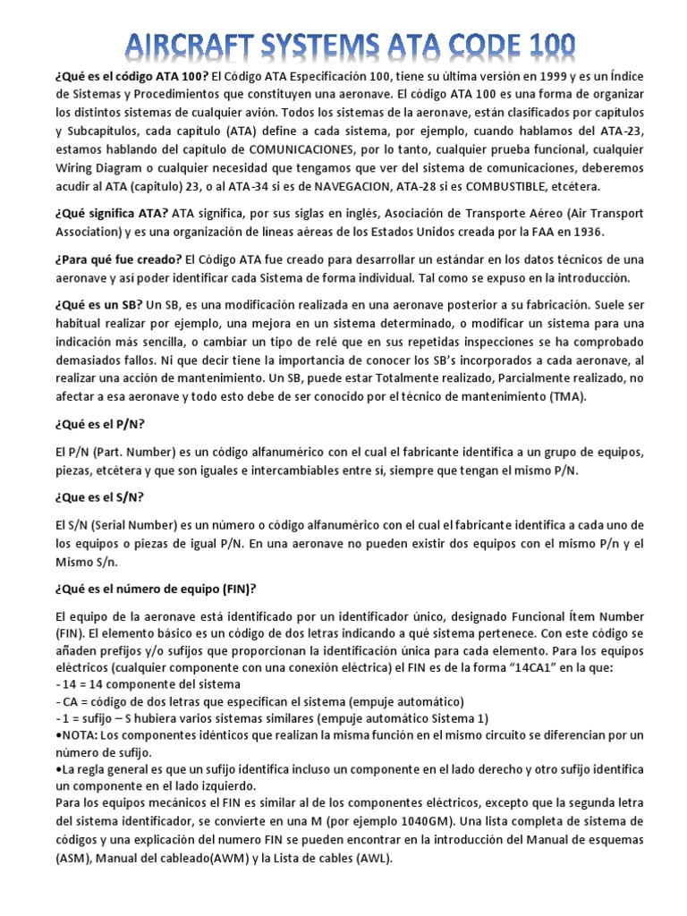 Código ATA 100: Guía Completa Aeronáutica | PDF | Aeronave | Aviación