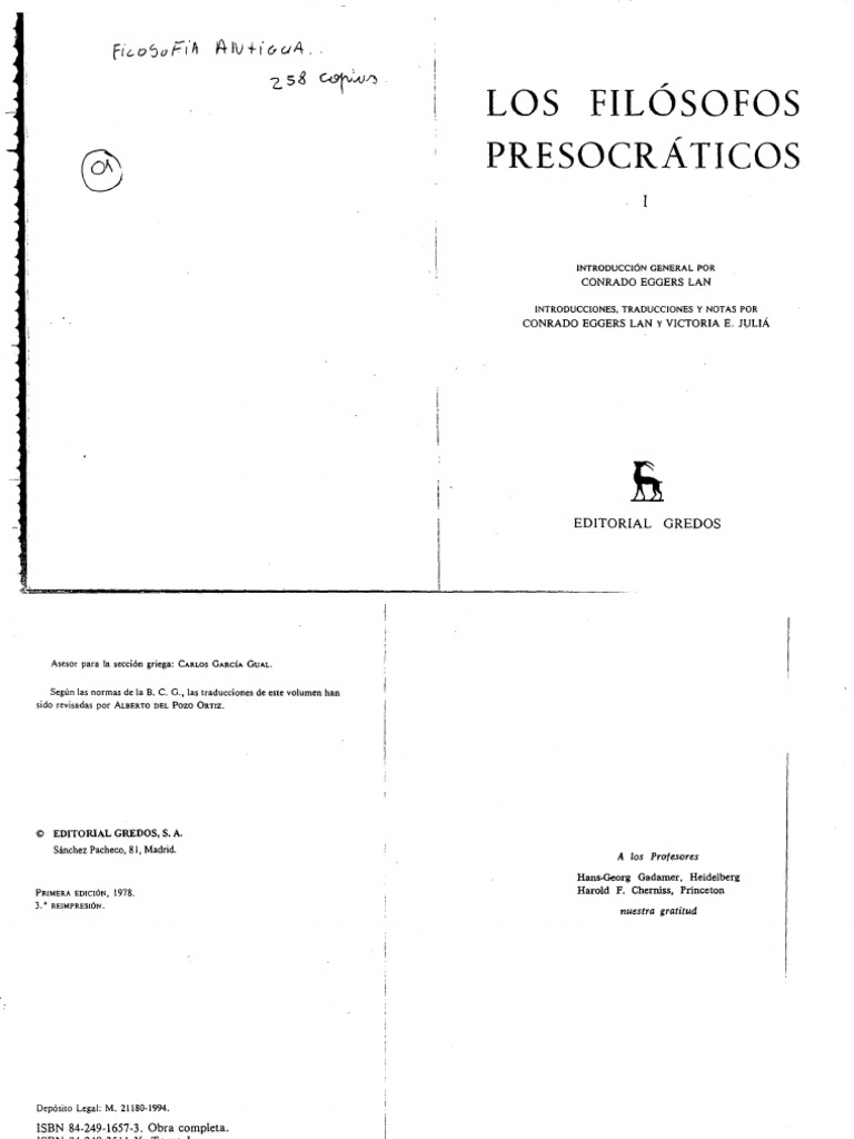 Conrado Eggers Lan Los Filosofos Presocraticos 1 PDF | PDF