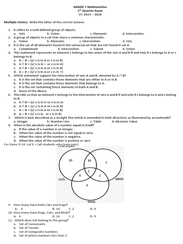 GRADE 7 1st Quarter Exam | PDF | Fraction (Mathematics) | Set (Mathematics)