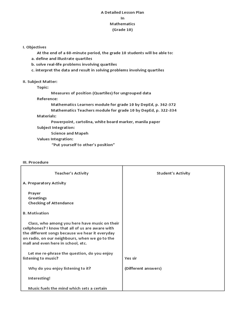 Lesson Plan (MA) | PDF | Interpolation | Quartile