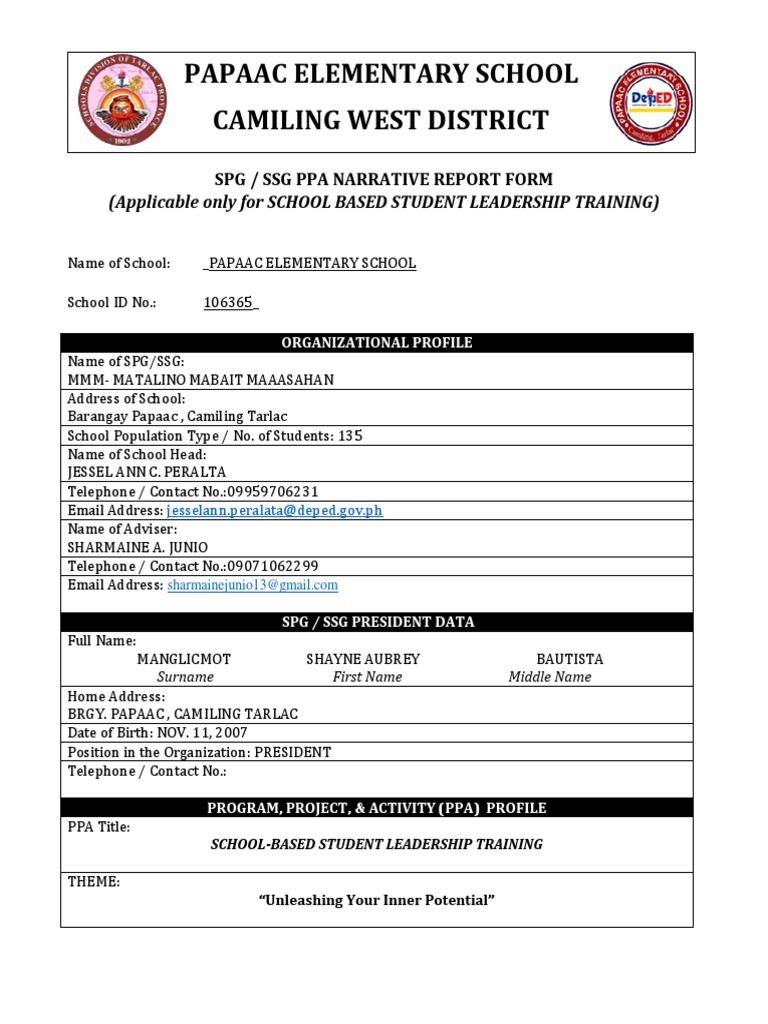 SPG-SSG Narrative Report - School Based Student Leadership TRNG | PDF ...