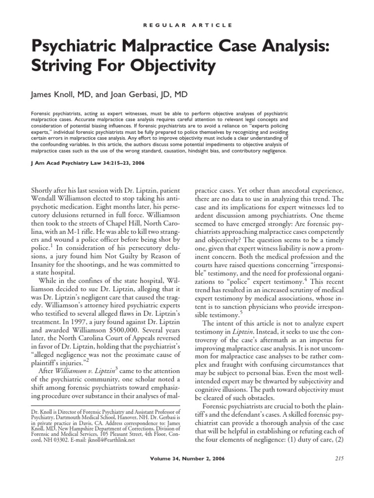 Psychiatric Malpractice Case Analysis: Striving For Objectivity | PDF ...
