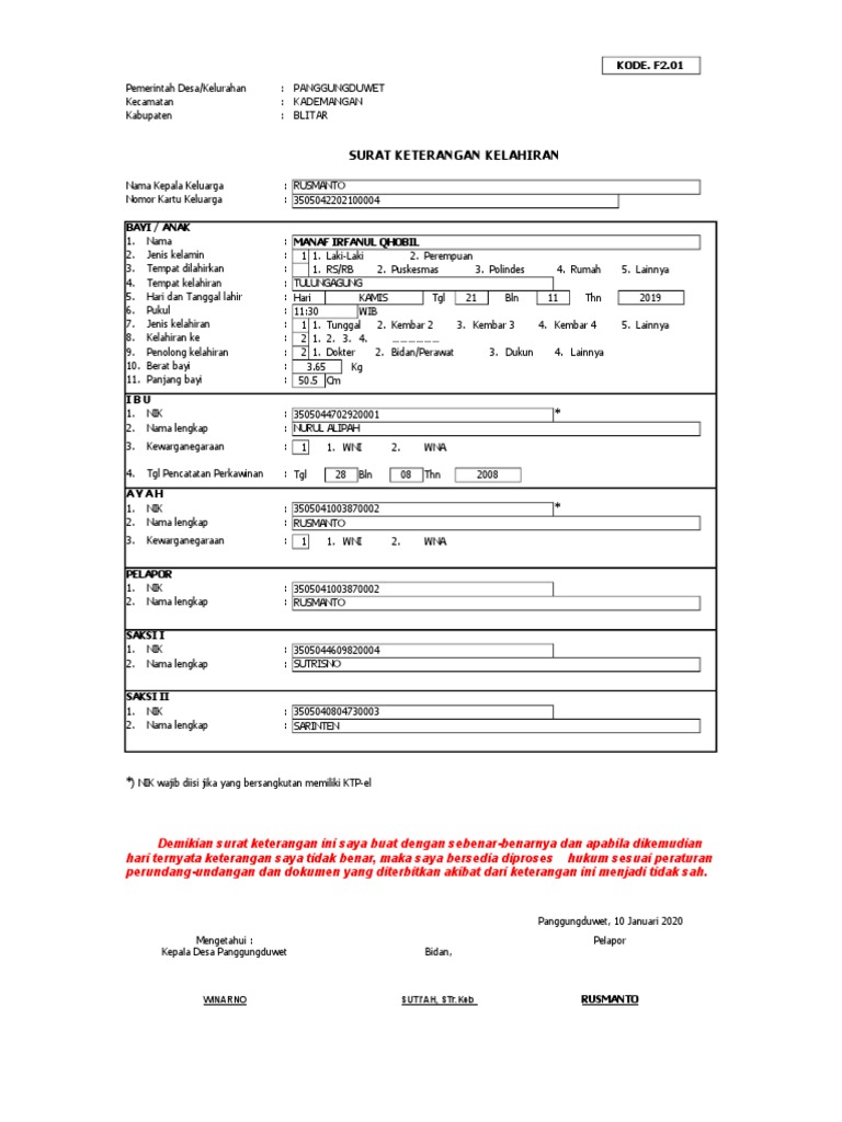 F-2.01 Surat Ket Kelahiran Edit | PDF