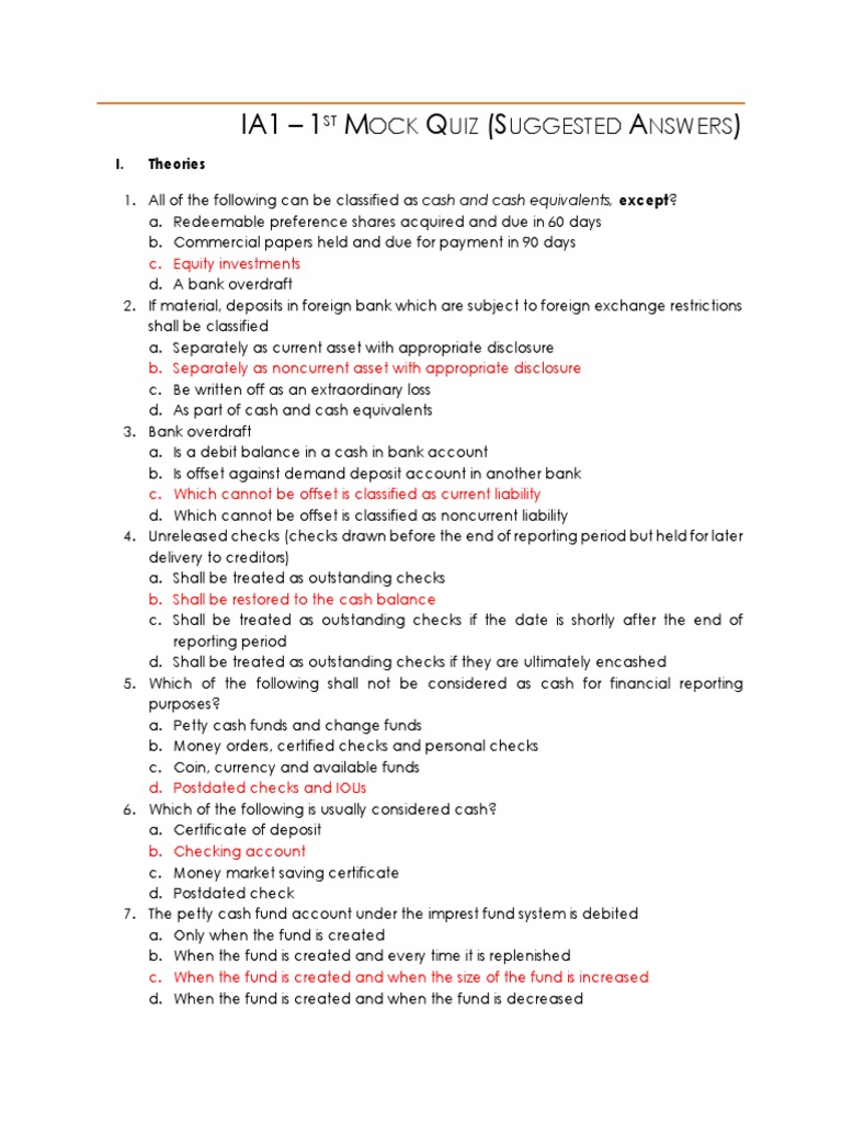 IA1 - 1st Mock Quiz (With Suggested Answers) | PDF | Debits And Credits ...