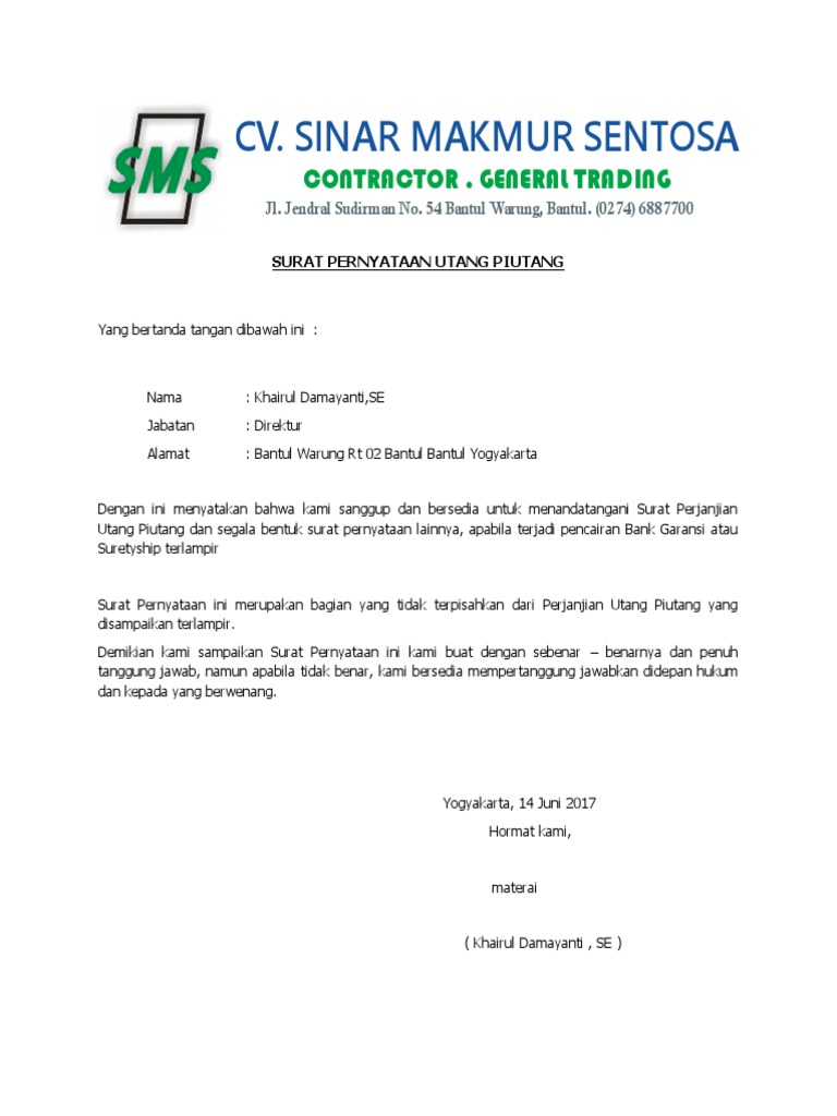 Surat Pernyataan Utang Piutang | PDF