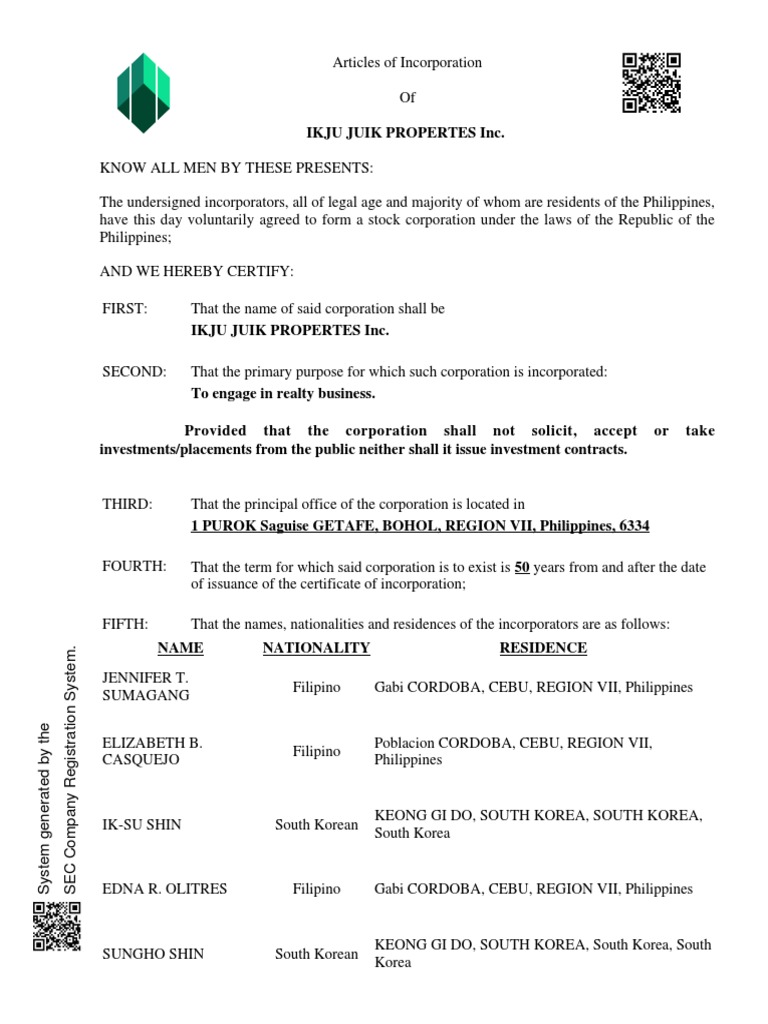 Articles of Incorporation | PDF | Corporations | Philippines