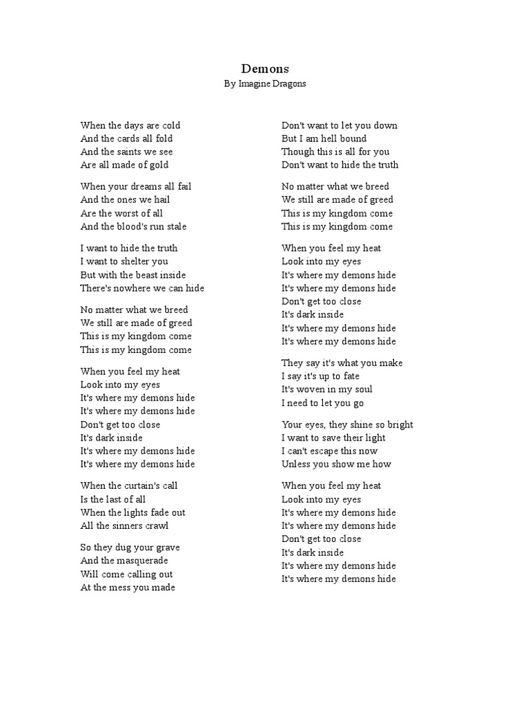 Imagine Dragons Demons Full Lyrics