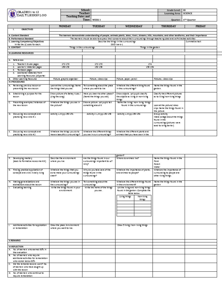 Grade 3 DLL SCIENCE 3 Q4 Week 1 | PDF | Educational Psychology | Learning
