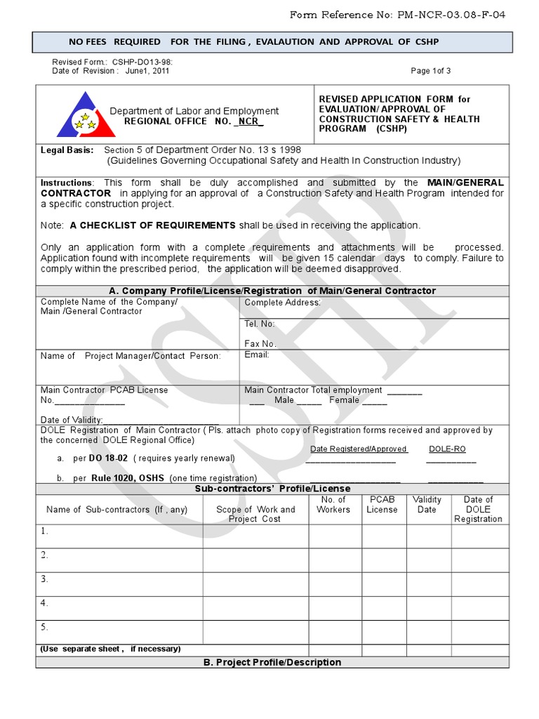 Construction CSHP Application Form - DOLE | PDF | Employment ...