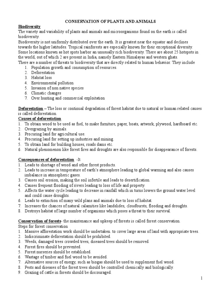 CONSERVATION OF PLANTS AND ANIMALS - Notes | PDF | Biodiversity ...