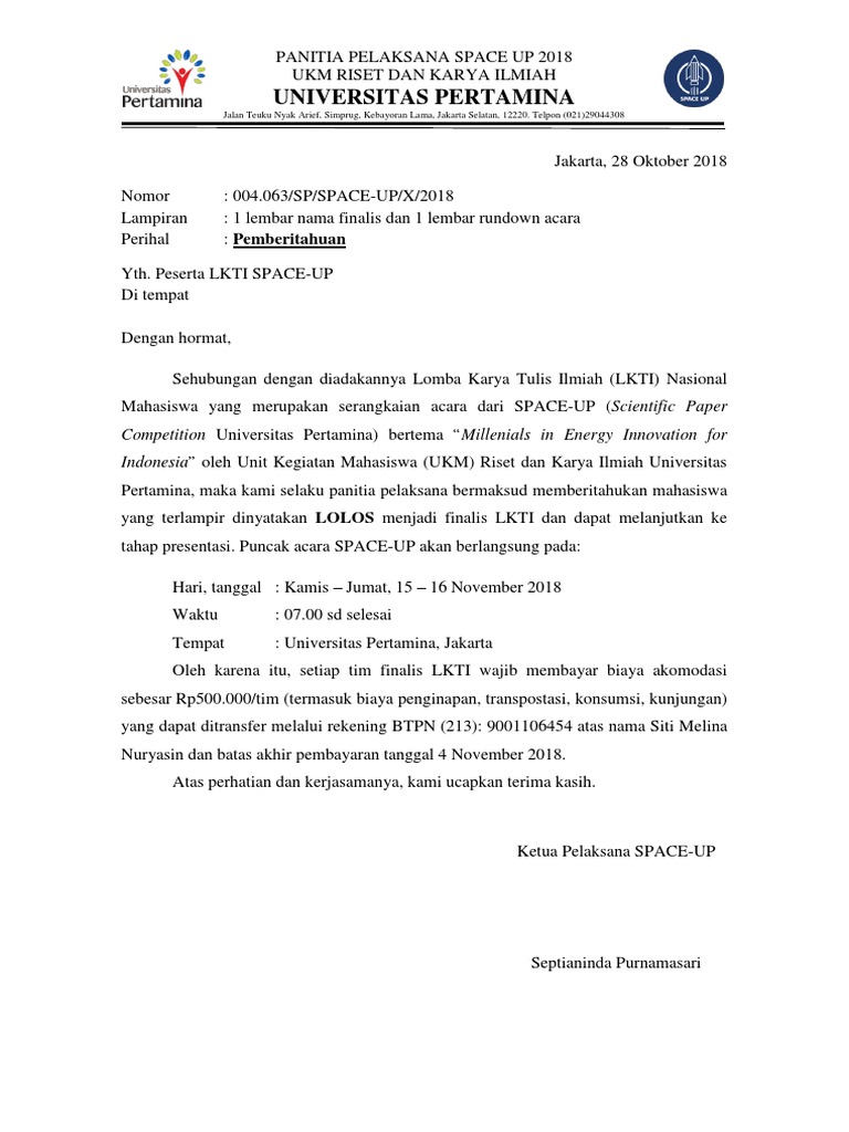 Letter of Acceptance (LoA) Finalis LKTI SPACE UP 2018 | PDF