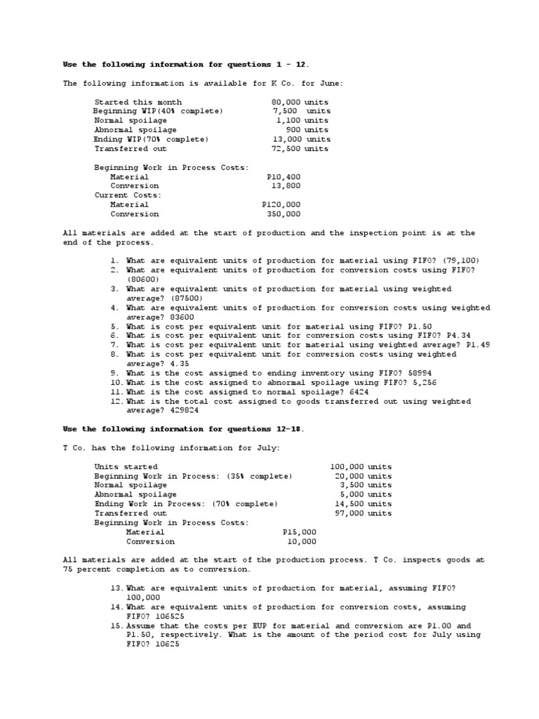 Process Costing Quiz Spoiled Units | PDF | Inventory | Supply Chain ...