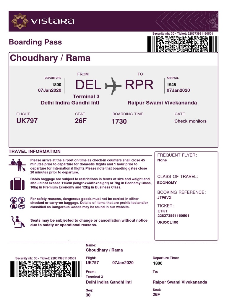 Boarding Pass DR Rama Chaudhry - Delhi-Raipur PDF | PDF | Airlines ...