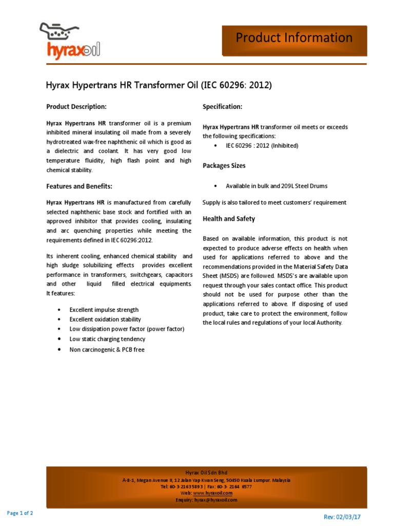 Hyrax Hypertrans HR Transformer Oil | PDF | Electricity | Electrical ...