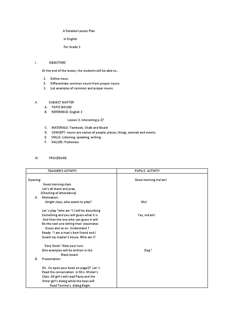 A Detailed Lesson Plan in English | PDF | Noun | Learning
