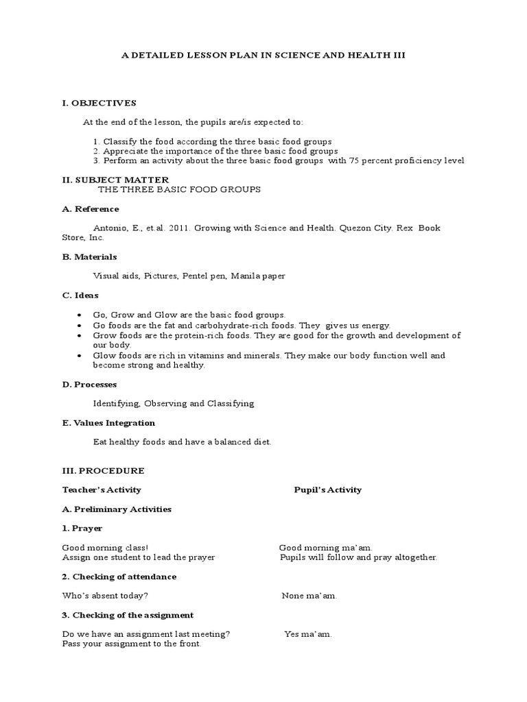 A Detailed Lesson Plan in Science and Health Iii | PDF | Lunch | Foods