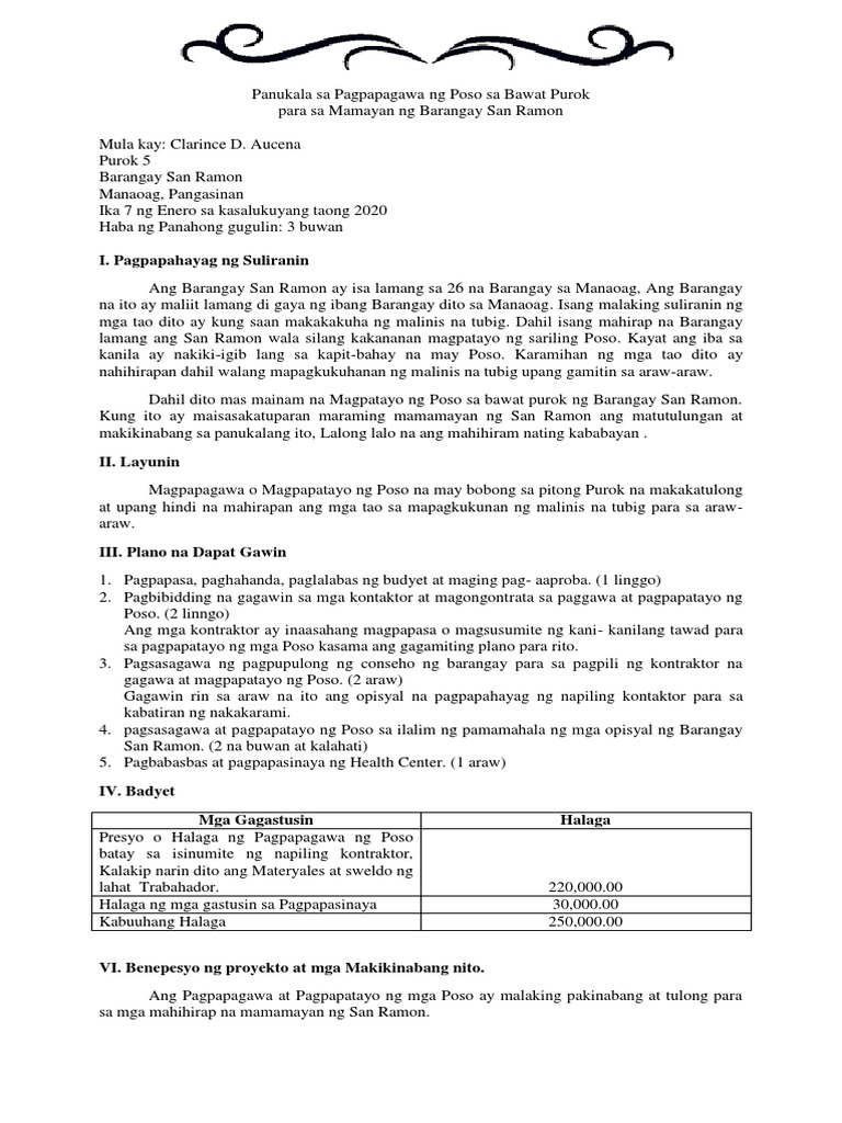 Panukala Sa Pagpapagawa NG Poso Sa Bawat Purok | PDF