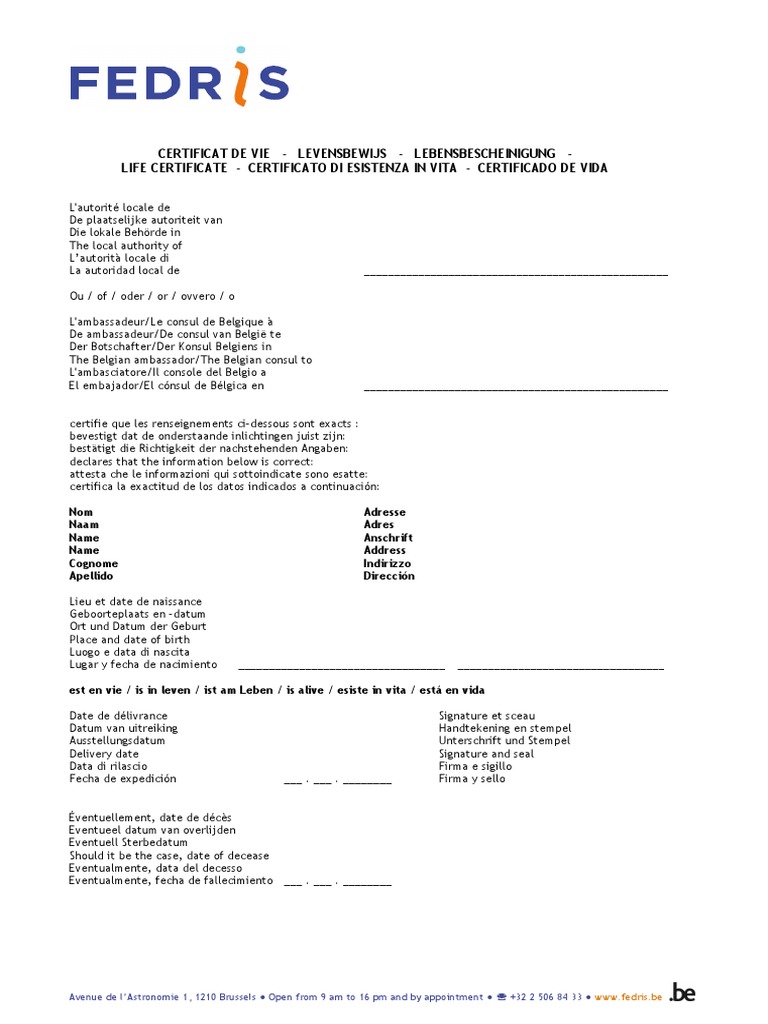 Certificat de Vie Fedris - Levensbewijs - in - 6 - Talen - FR - 0 | PDF ...