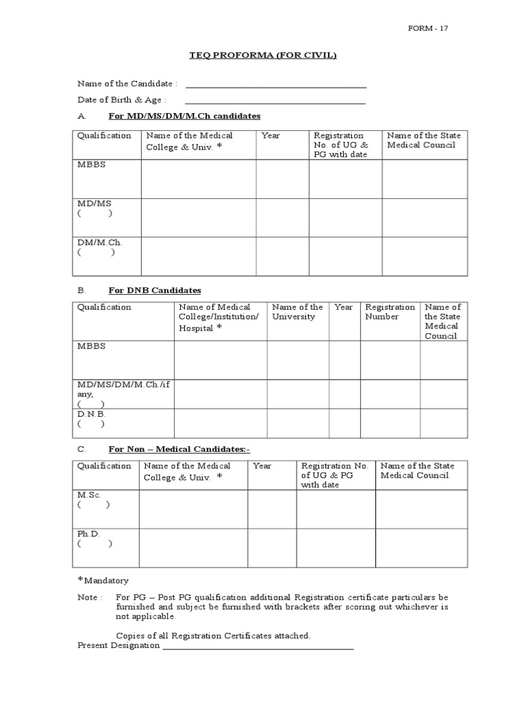 Teq Proforma Civil - Army | PDF | Doctor Of Medicine | Government