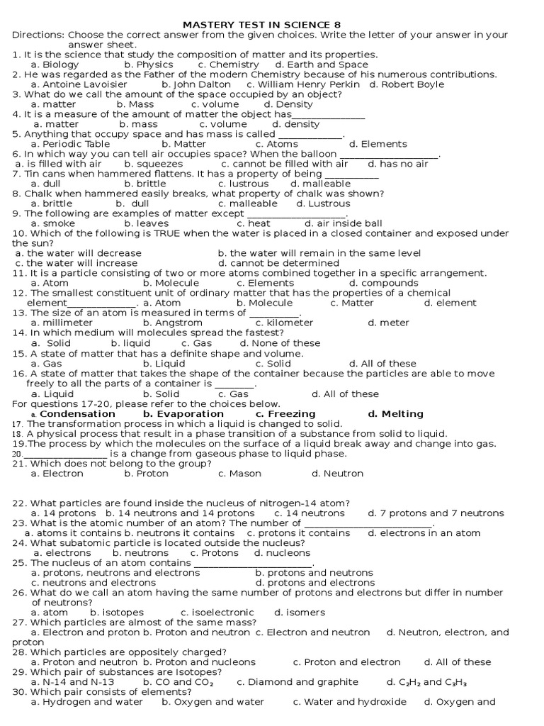 Mastery Test - Third Quarter Examination - Science 8 | PDF | Atoms | Proton