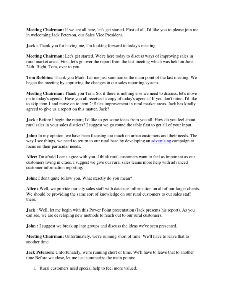 This Example Business Meeting Is Followed by The Two Sections Which ...