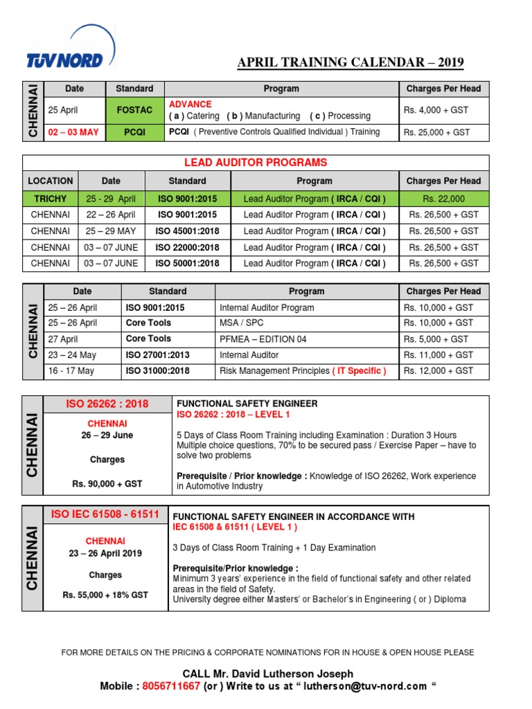 April 2019 IMC Training Calendar | PDF | International Organization For ...