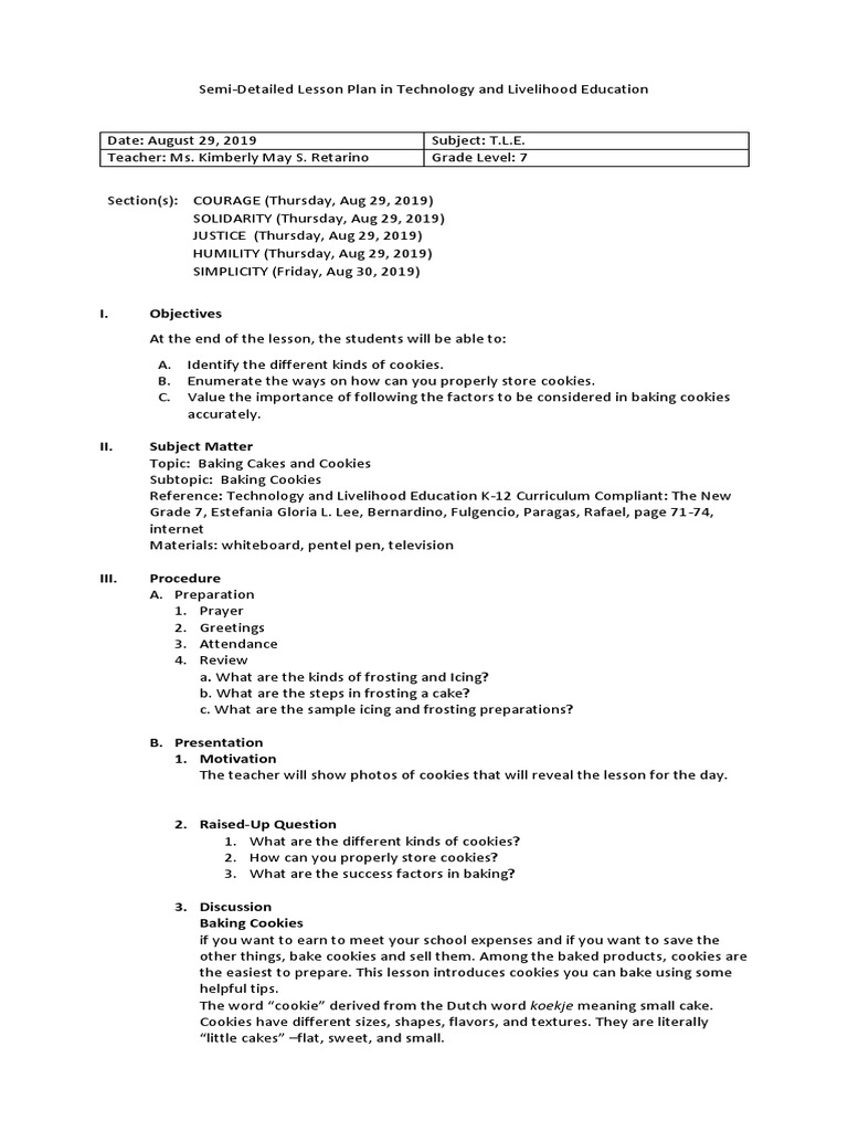 Lesson Plan: Baking Cookies for Grade 7 | PDF | Baked Goods | Western ...