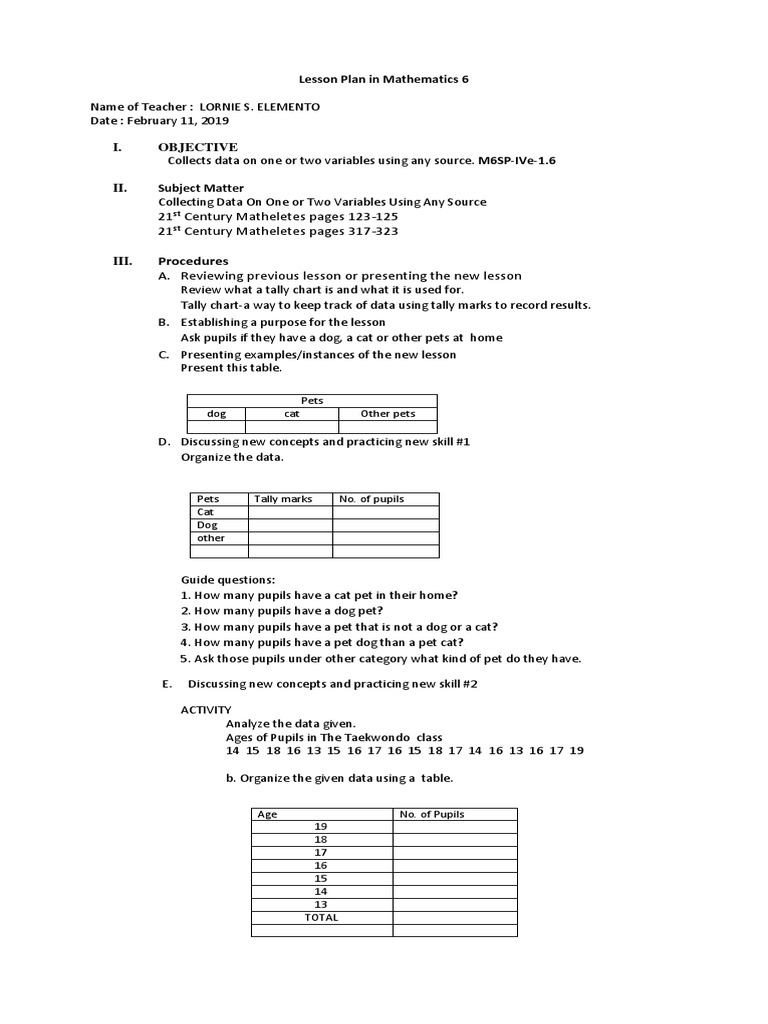 Detailed Lesson Plan in Mathematics 6-fEB | PDF | Pet | Lesson Plan