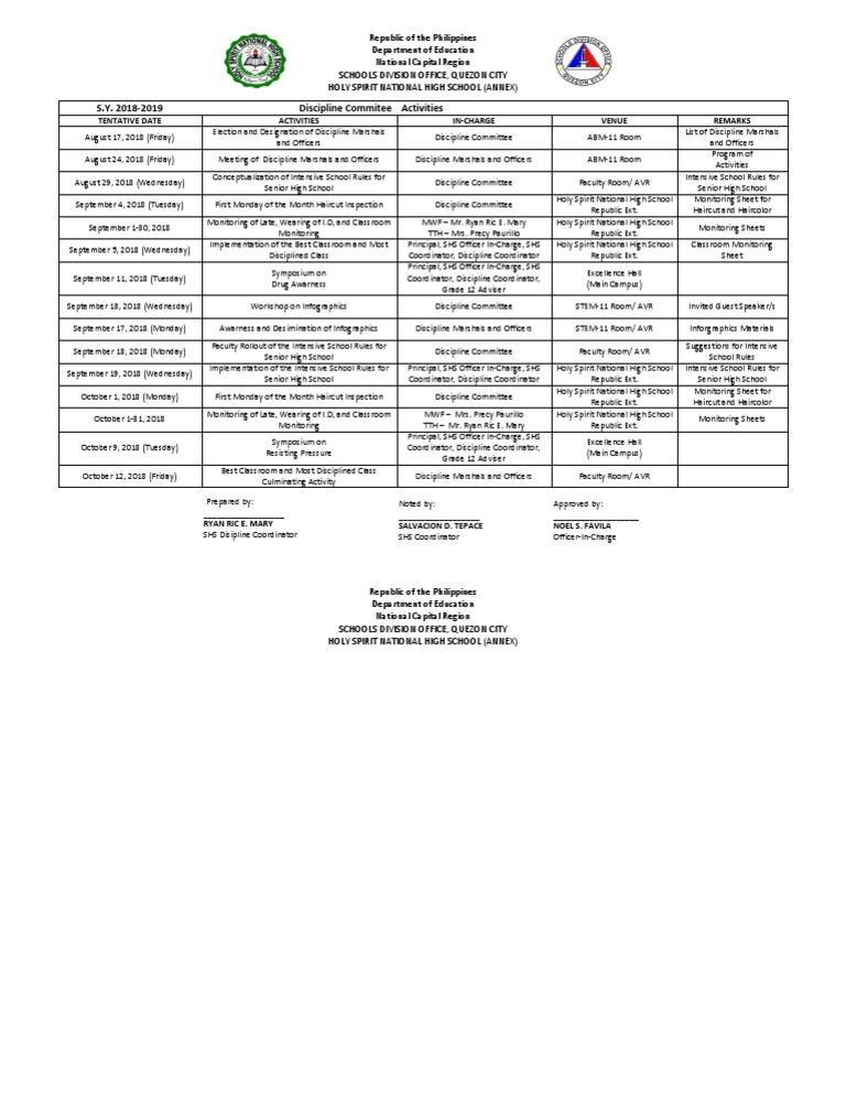 Discipline Commitee-Action-Plan-1st-Semester-2018-2019 | PDF