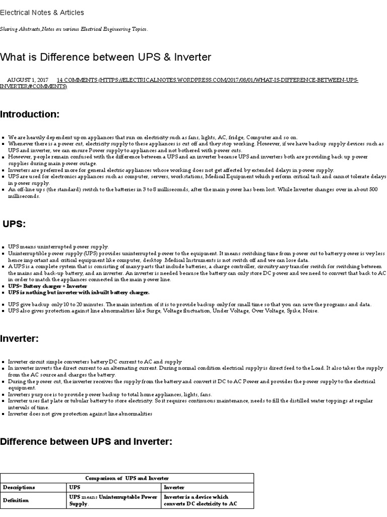 UPS vs Inverter: Key Differences Explained | PDF | Power Inverter ...