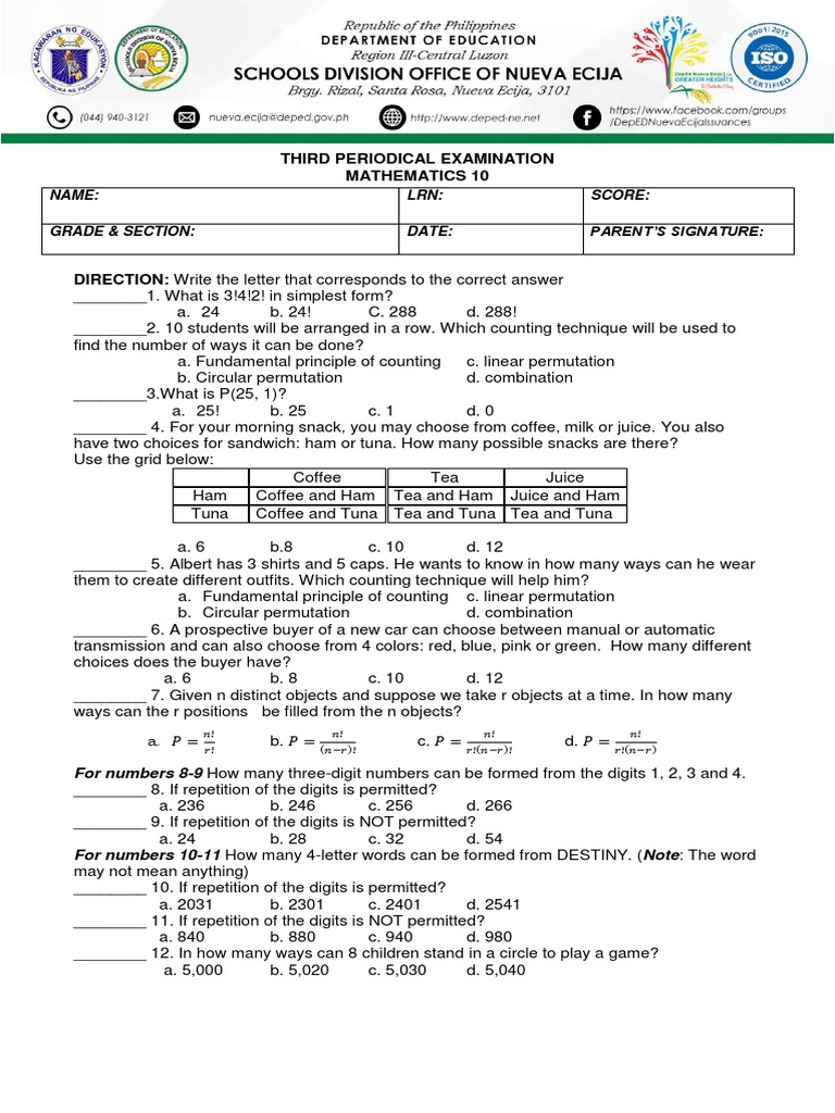 GRADE 10 3rd Quarter MATH | Download Free PDF | Odds | Permutation