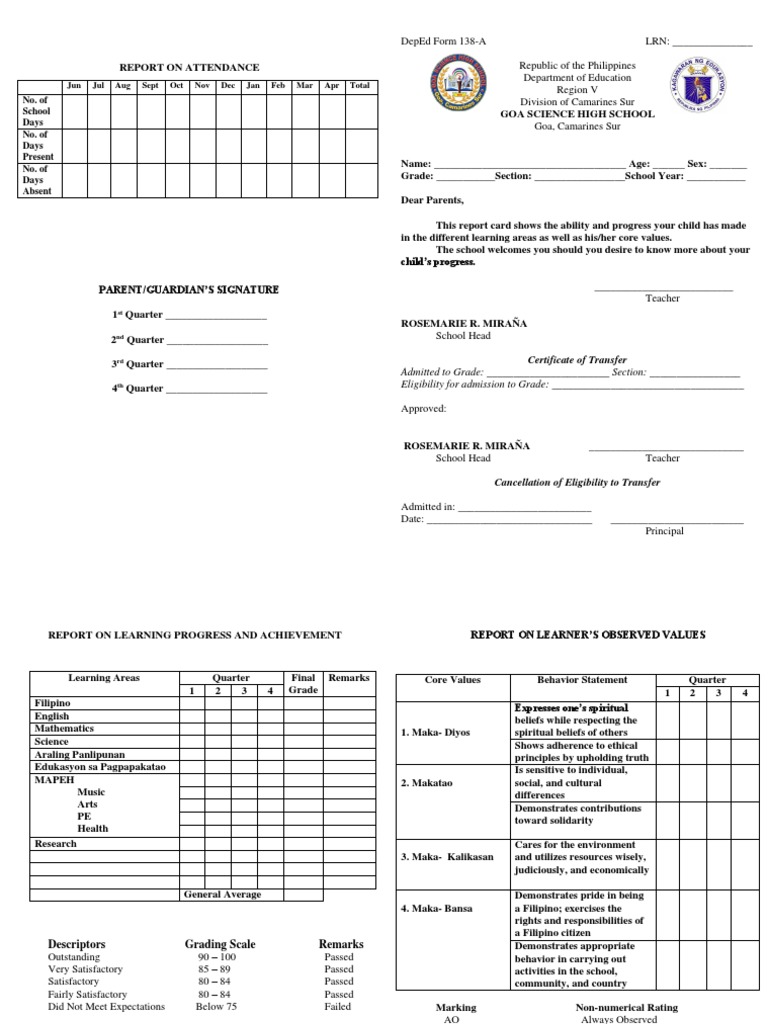 DepEd Form 138-A New | PDF | Behavioural Sciences | Learning