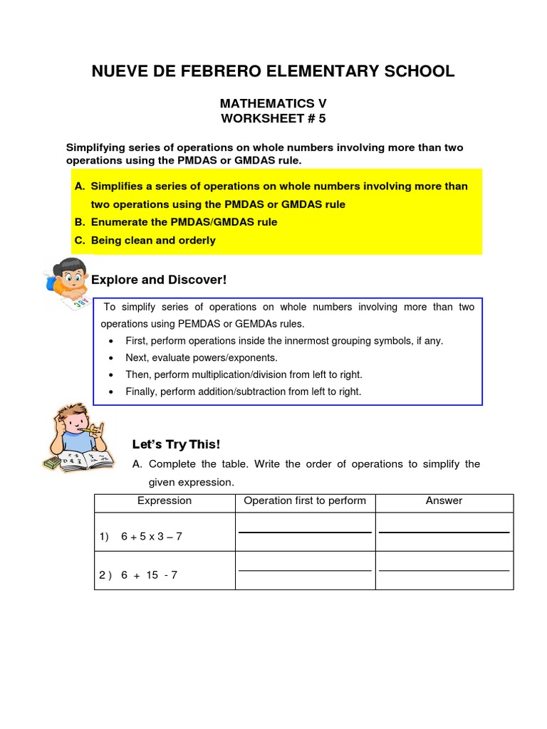 Simplifying Mathematical Expressions Using Order of Operations Rules | PDF | Teaching ...