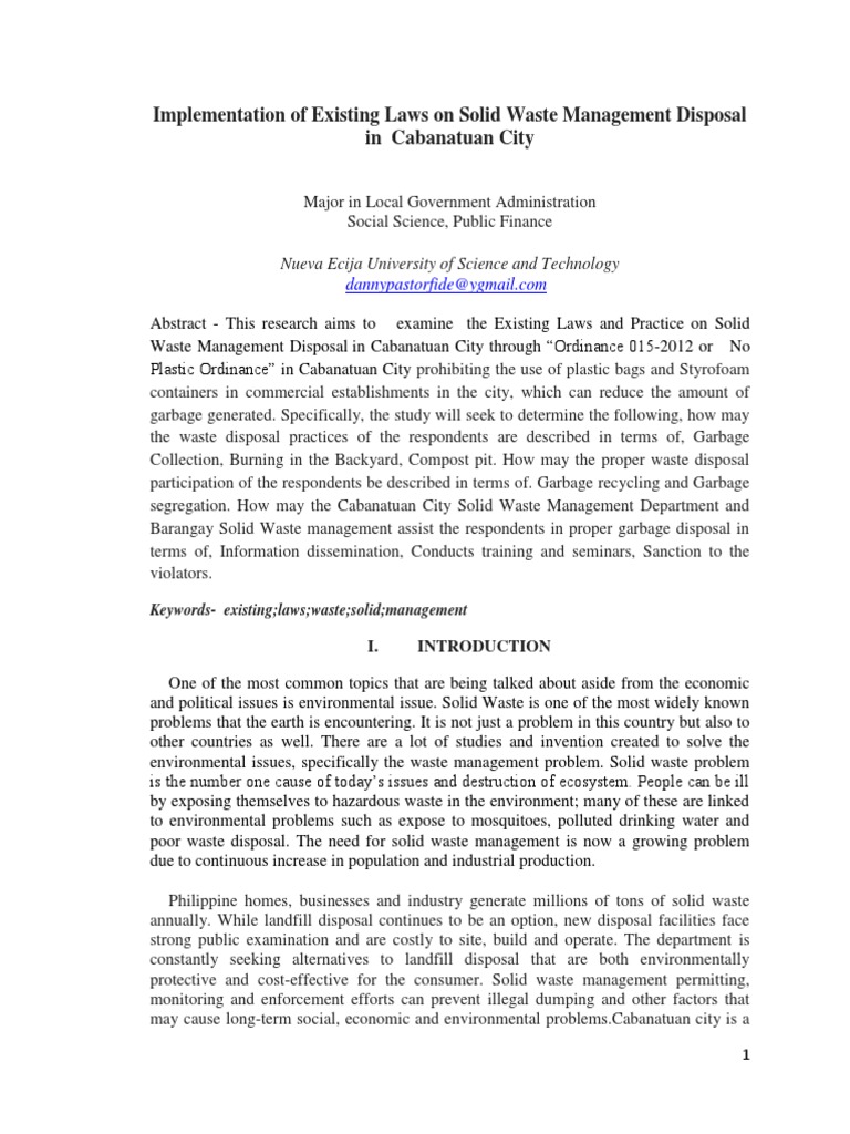 Implementation of Existing Laws On Solid Waste Management Disposal in ...