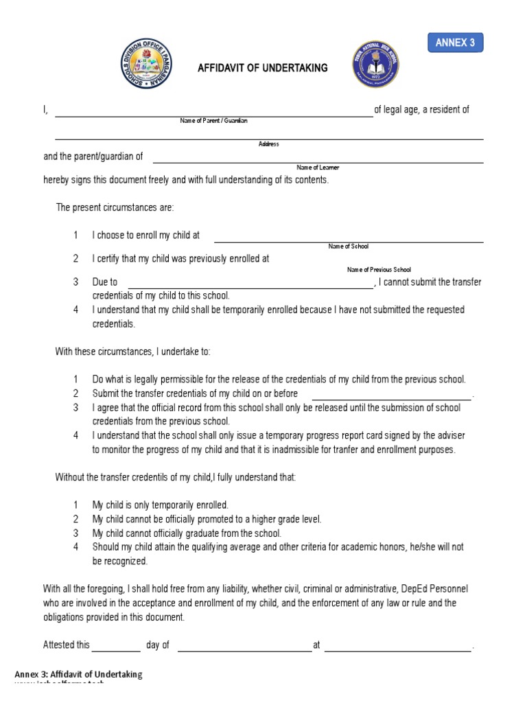 Affidavit of Undertaking (Annex 2) | PDF | Credential | Affidavit
