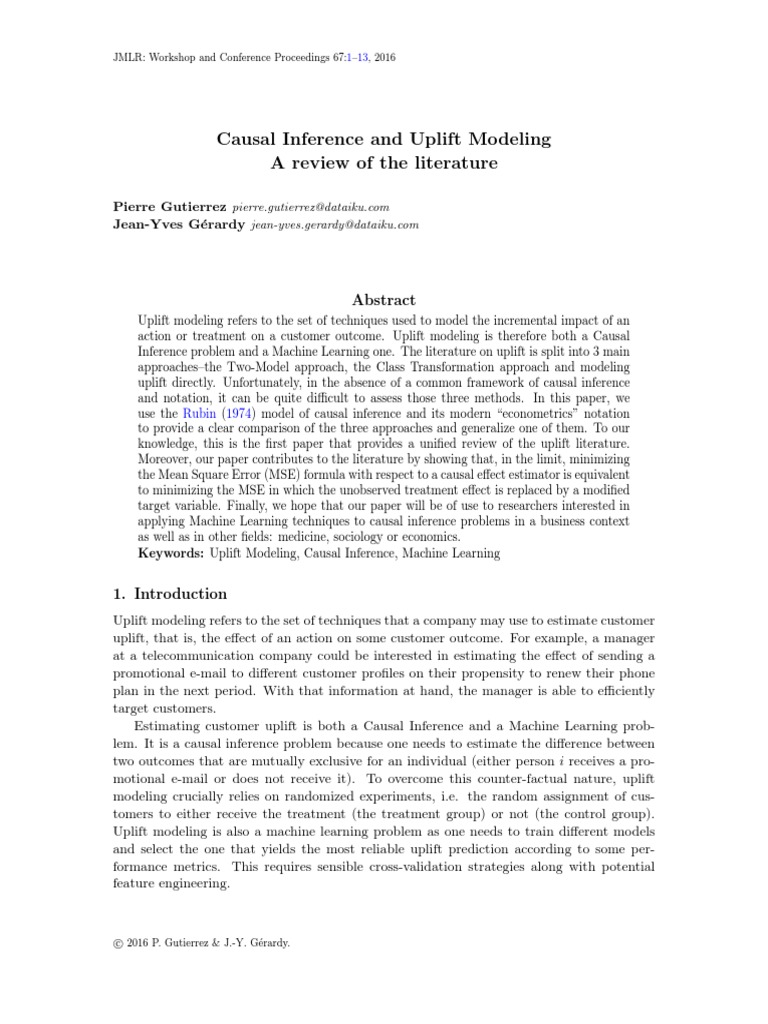 Causal Inference And Uplift Modeling A Review Of The Literature Survey 2017 Pdf Machine