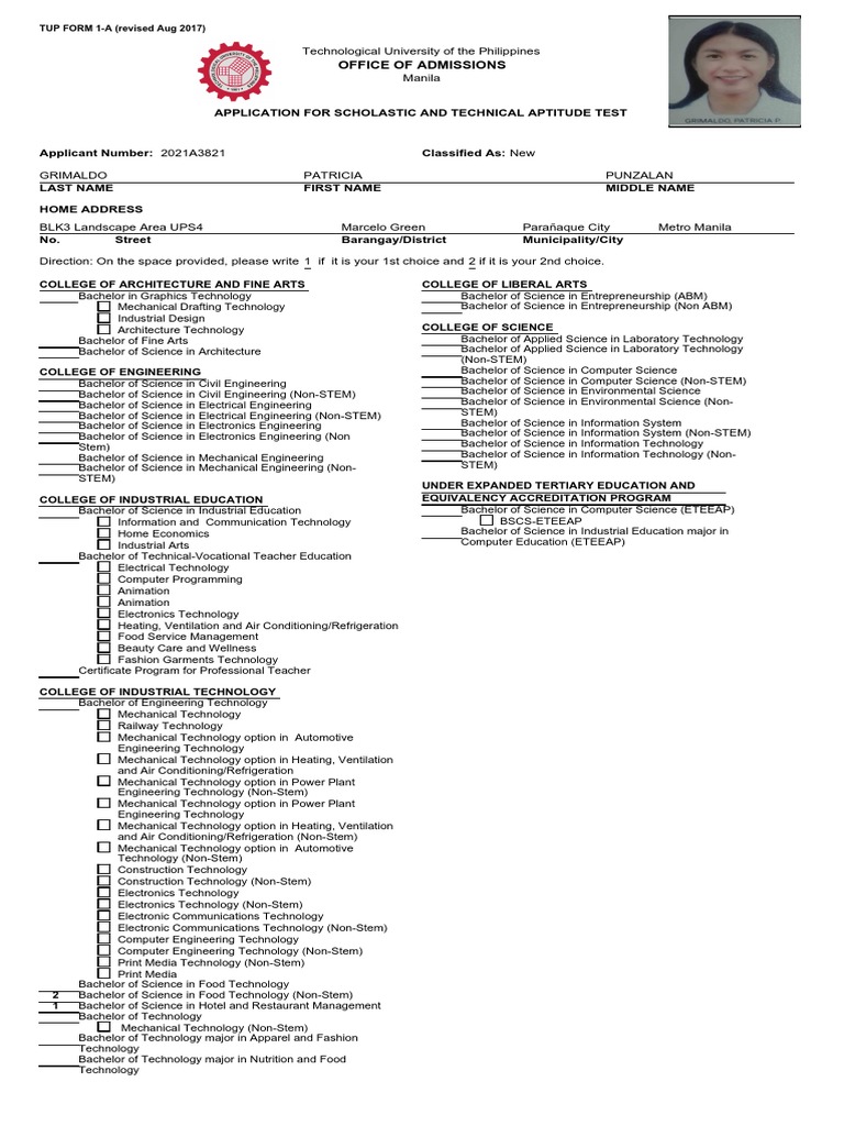 TUP Admission Test Application | PDF | Bachelor's Degree | Mechanical ...