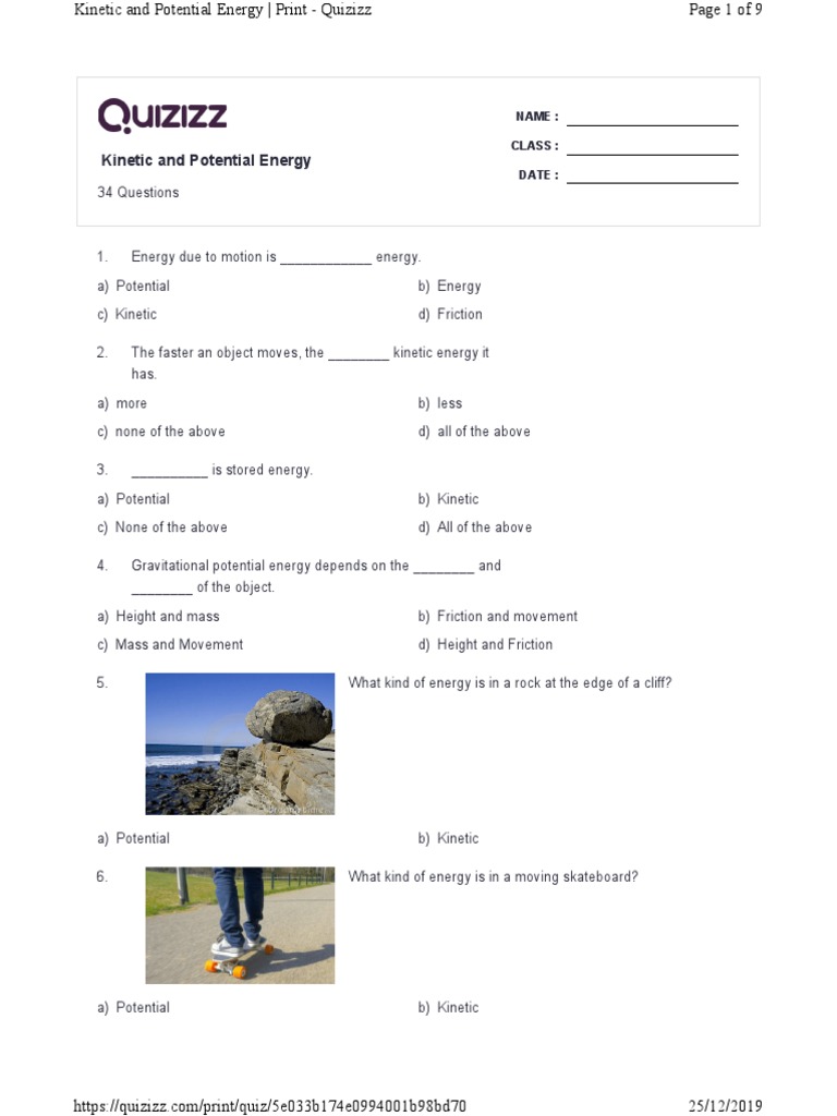 Kinetic and Potential Energy Quiz | PDF | Potential Energy | Kinetic Energy