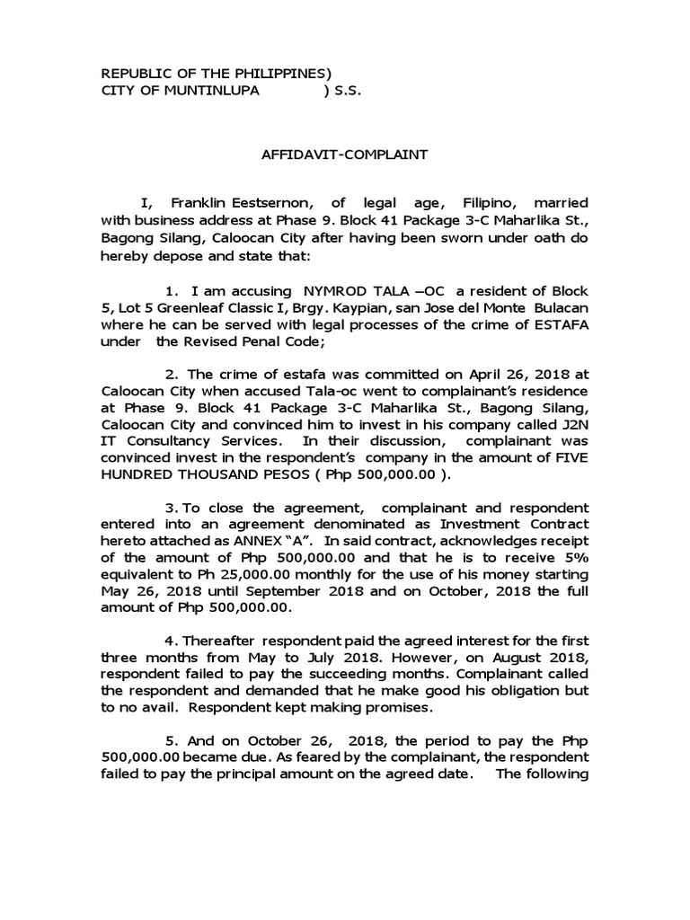 Complaint Estafa - Tala-Oc | PDF | Fraud | Common Law