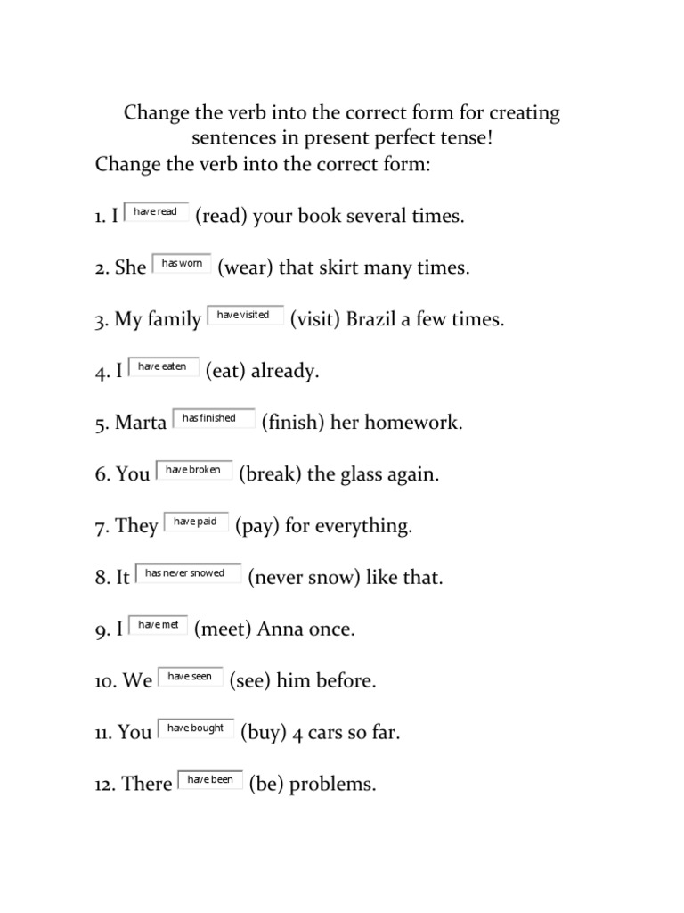 Ejercicios Con El Presente Perfecto en Ingles | PDF