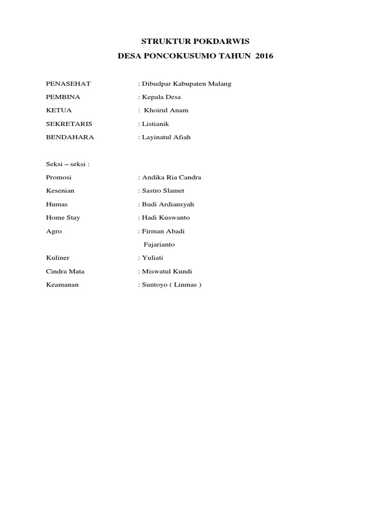 Struktur Pokdarwis Poncokusumo | PDF | Griya & Taman