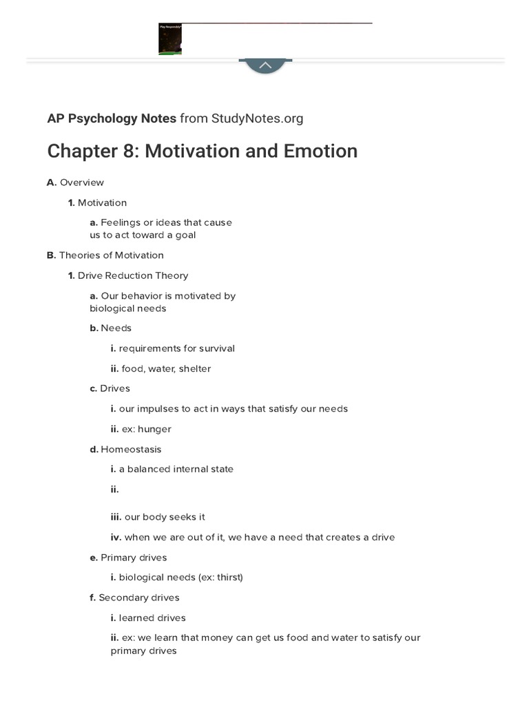 Chapter 8 - Motivation and Emotion - AP Psychology Chapter Outlines ...