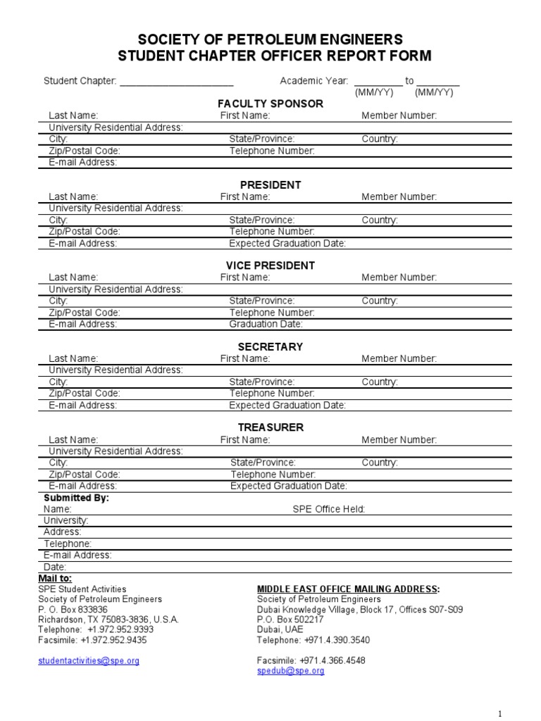 SPE Student Chapter Officer Report Form | PDF | Zip Code | Mail